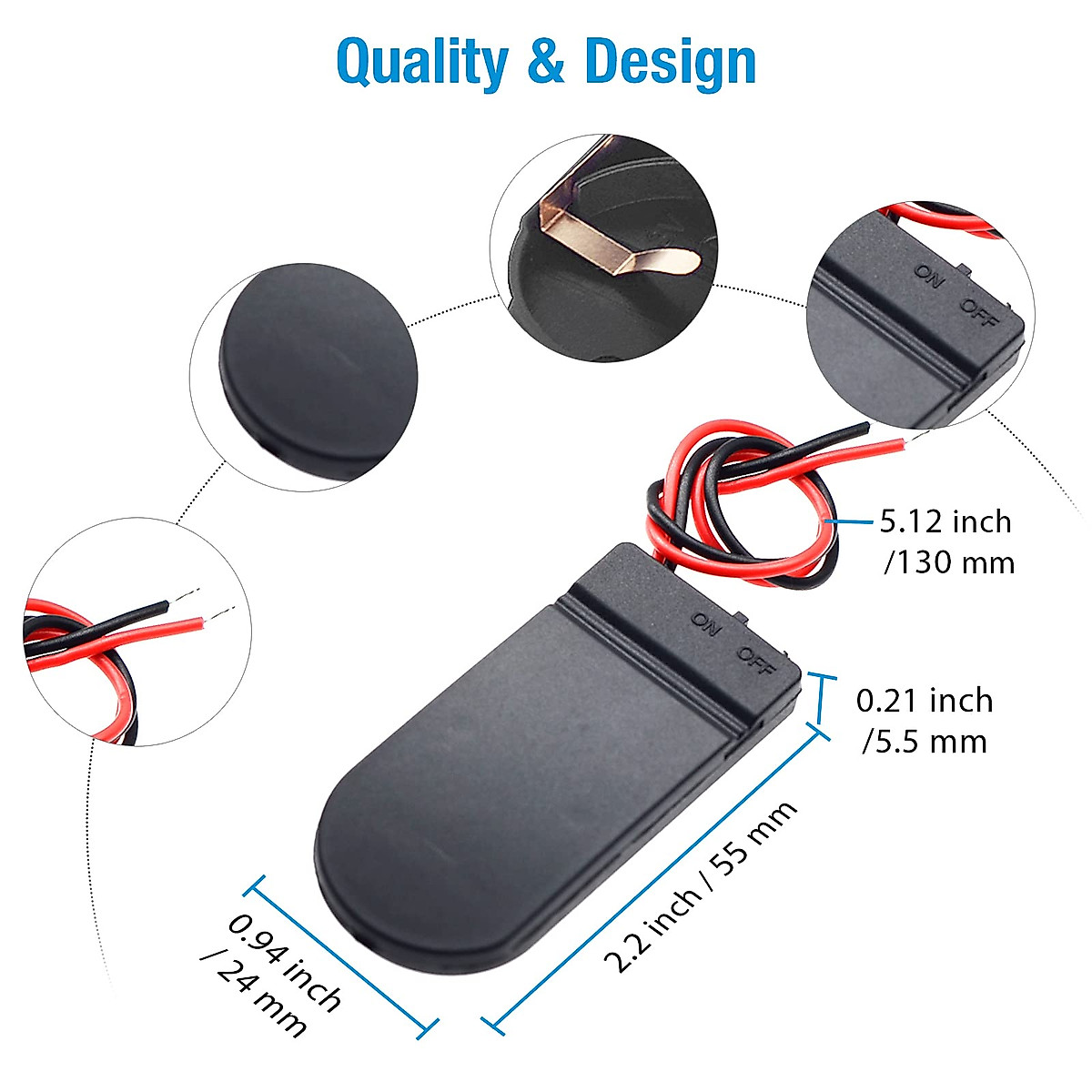 QTEATAK 6 Pcs 2 x 3V CR2032 Button Coin Cell Battery Holder with Leads On Off Switch