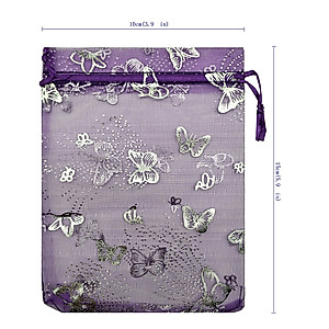 Ankirol 100pcs Sheer Organza Favor Bags Purple Butterfly Print for Wedding Bags Samples Display Drawstring Pouches (4x6)