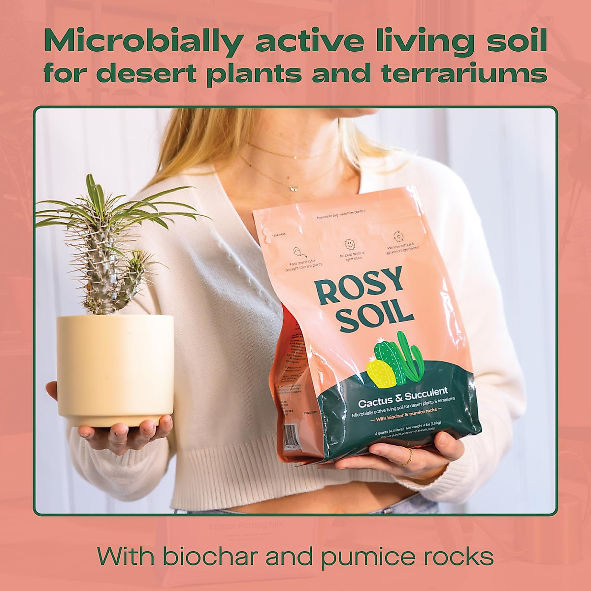 Cactus and Succulent Organic Potting Soil Mix for House Plants - Fast Draining, Root Boosting, Peat-Free Soil for Drought Tolerant Growth of Aloe Vera, Cacti and Indoor Succulents Plants - 4 qt