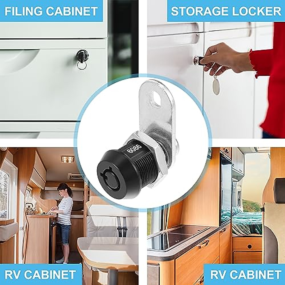 X AUTOHAUX 4 Sets 5/8" Zinc Alloy RV Storage Locks Cabinet Lock with Keys Cannular Cam Lock Offset Drawer Lock Black Fits on 3/8" Max Door Thickness
