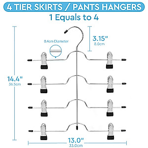 HAODOPSTY 2pcs 4-Tier Skirt Hangers with Clips, Non-Slip Space Saving Pants Hangers, Adjustable Clips & Swivel Hooks, Metal Skirt Hangers for Women