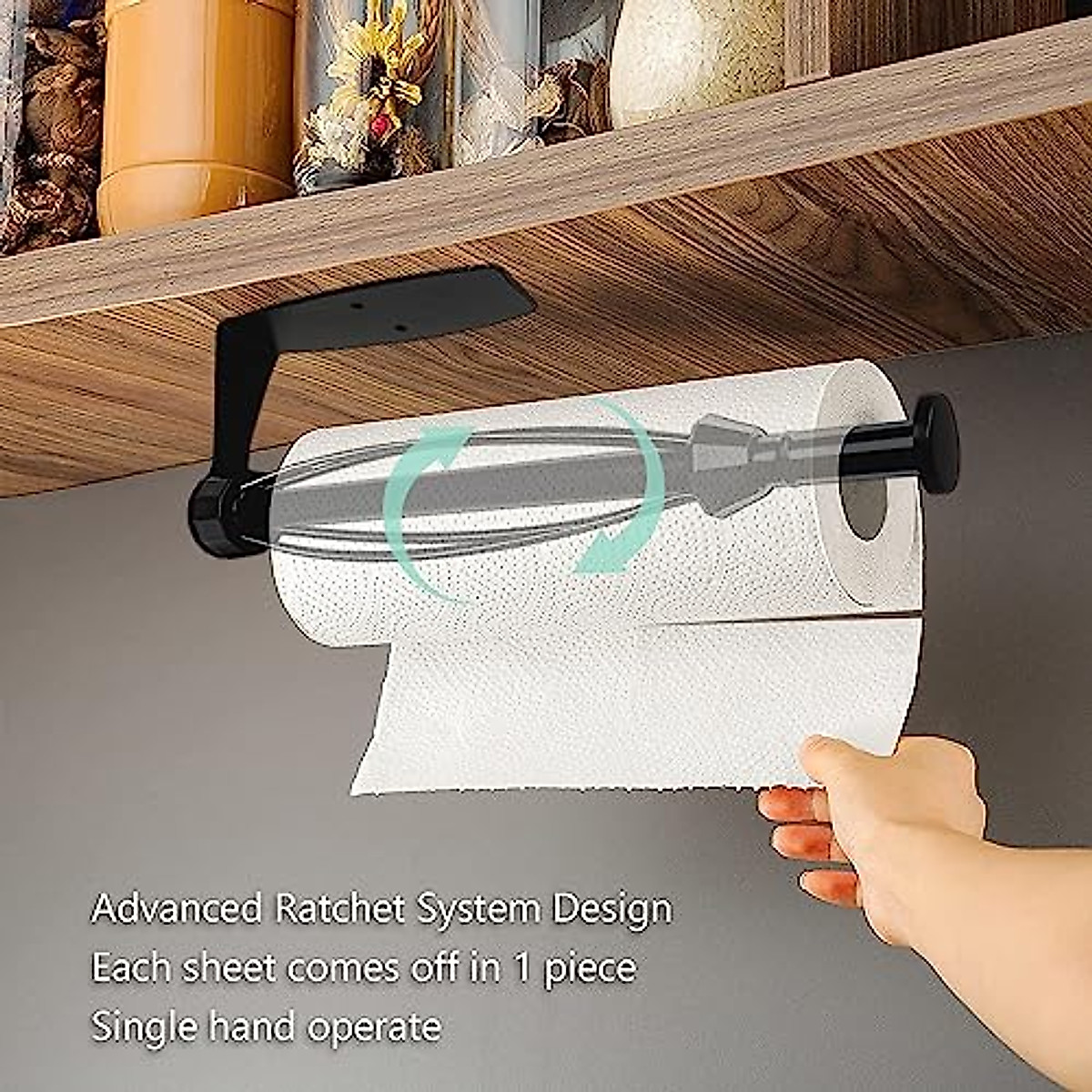 Paper Towel Holder - Under Cabinet Paper Towel Holder for Kitchen, Single Hand Operable Paper Towel Holder Wall Mount with Damping Effect, Adhesive Paper Towels Rolls Rack for Bathroom, Black