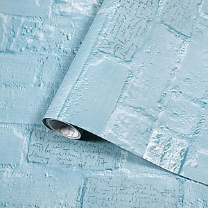 HOYOYO 17.8 x 118 Inches Self-Adhesive Liner Paper, Removable Shelf Liner Wall Stickers Dresser Drawer Peel Stick Kitchen Home Decor, Blue Brick English Litter