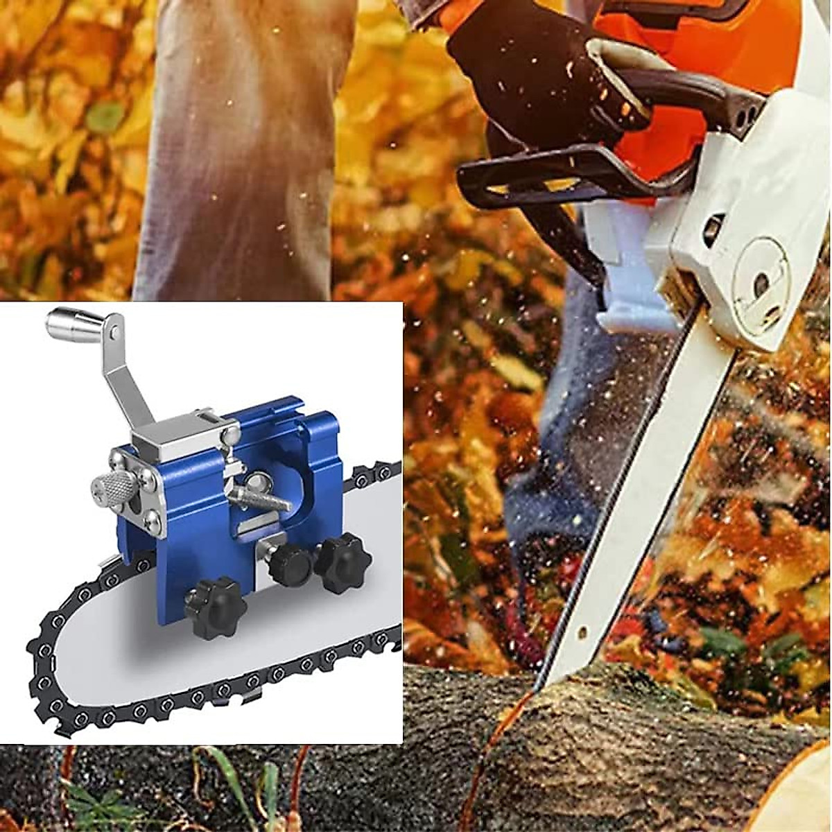 JEIKUYIA Chainsaw Sharpener, Hand-Cranked Chainsaw Sharpener Kit, Suitable for Various Chain Saws and Chainsaws, for Logging Workers, Garden Workers, with 3 Pcs Grinding Head (Large,Blue)