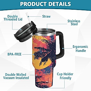 FRCSDIY Coconut Trees and The Sun Insulated Tumbler with Handle and Straw Lid,30oz Leakproof Stainless Steel Cup BPA-Free Water Bottle