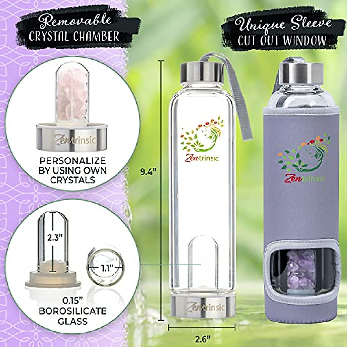 Zentrinsic Crystal-Infused-Water-Bottle, Inc 3 crystals- Rose-Quartz-Clear-Quartz & Amethyst Eco-Friendly and perfect for yoga-meditation-reiki-spiritual-gifts Healing Stones and Elixir Energy 16.9 oz