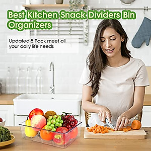 ZIZOTI 5 Pack Food Storage Organizer Bins Clear Plastic Removable Snack Organizer Pantry Organization Storage Racks with 3 Dividers, Kitchen, Cabinets Snacks, Packets, Spices, Pouches Stackable Bins