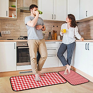 Kigai Kitchen Rugs 2 Piece Waterproof Non Slip Kitchen Mat Red & White Checked Kitchen Rug Set for Sink Office Kitchen Cafe, 19.7"x47.2"+19.7"x27.6"