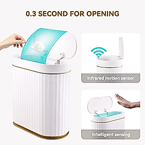 Motion Sensor Trash Can - ELPHECO 2.5 Gallon Waterproof Motion Sensor Trash Can, Bathroom Trash Can, Garbage Bin for Kitchen and Office Use, White with Golden Trim