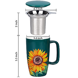 Sunddo Ceramic Tea Cup with Infuser and Lid for Loose Tea Sunflower Mug Tea Lovers Gifts for Women Green