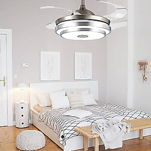 FINE MAKER 42 Inch Retractable Ceiling Fan Light, 3 Color Changeable LED Bluetooth Music Player 3-Speed Silent Motor Chandelier Ceiling Fan for Living/Dinning Room