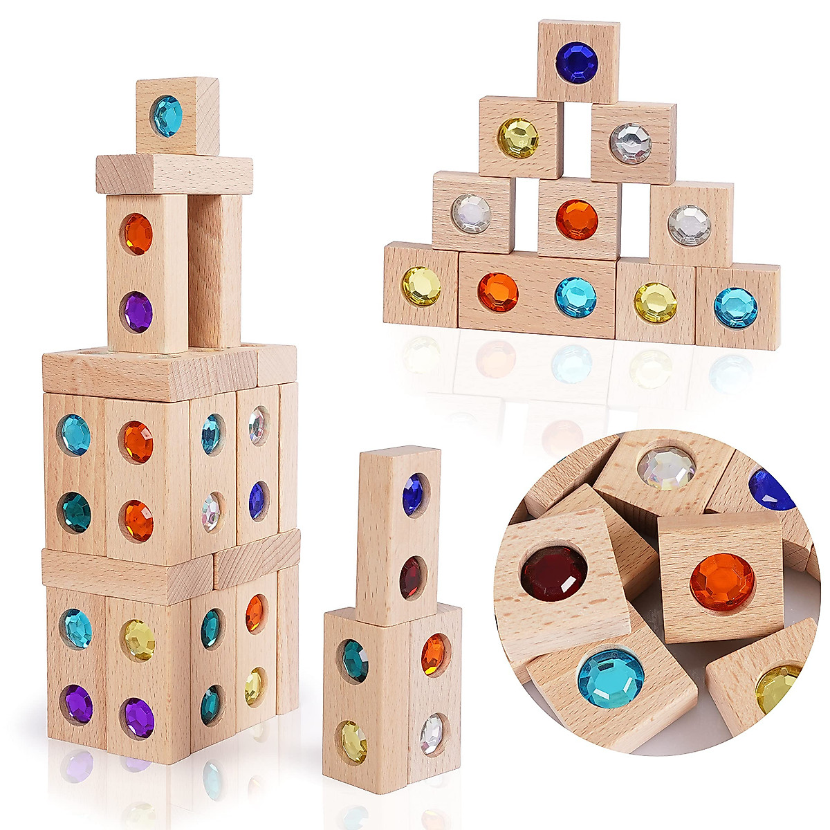 Wooden Building Blocks Set Rainbow Stacking Game Rainbow Stacker Acrylic Block Construction Toy Montessori Toys Sensory Toys Colorful Preschool Learning Educational Learning Toys 128pcs for Boys Girls