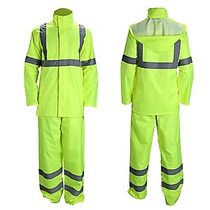 FONIRRA Class 3 High Visibility Rain Suit With Collapsible Hood Lime Reflective Safety Waterproof Worker Jacket & Pants (L/XL Yellow)