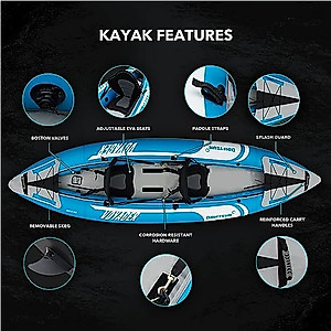 Driftsun Voyager Inflatable Kayak 2 Person Tandem, Foldable Kayaks for Adults Includes 2 Aluminum Paddles, 2 Padded Seats, Double Action Pump and Travel Backpack