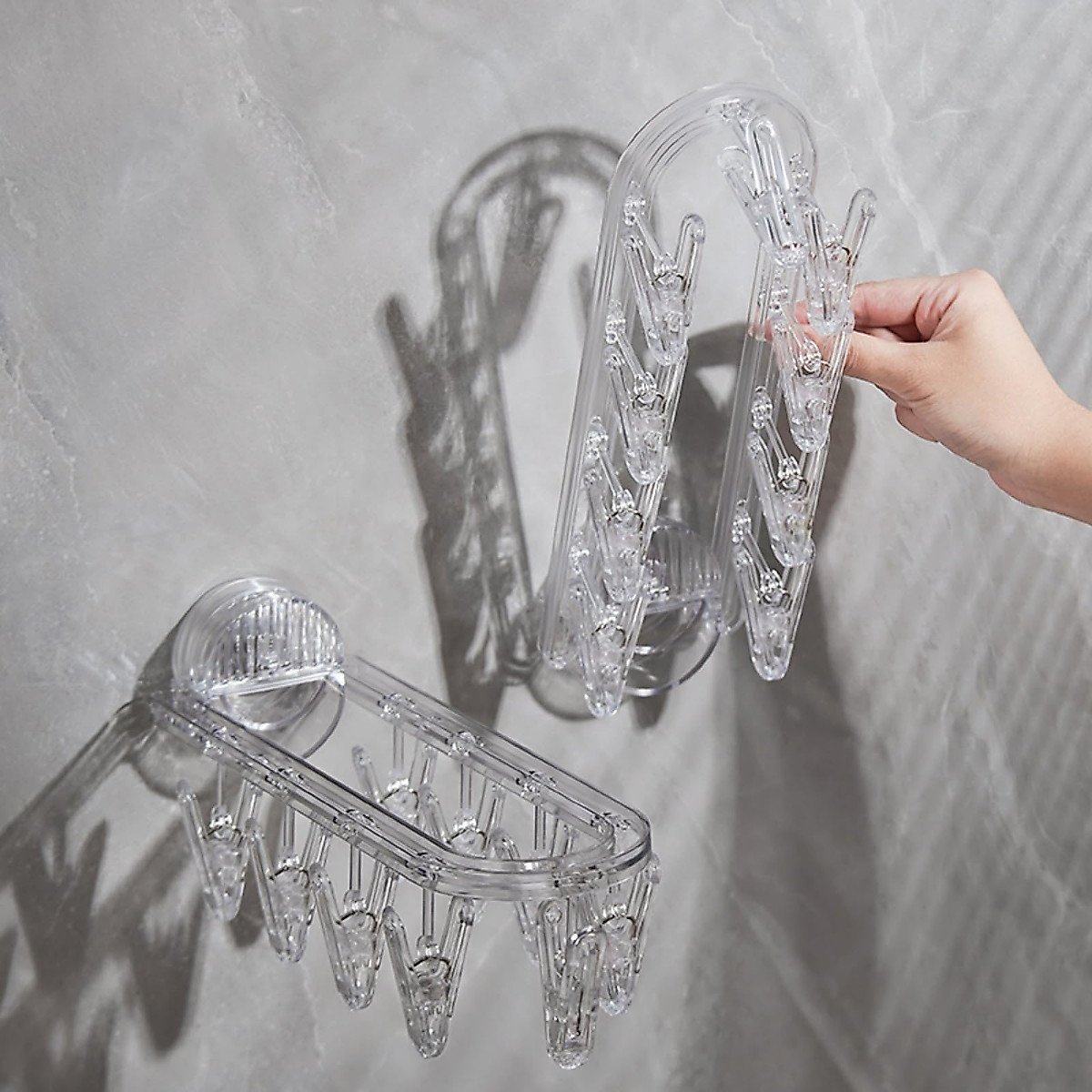 QruiLanTu Clothes Drying Rack Suction Cup Wall Mounted Clothes Hanger Rack with 9 Clips Foldable Drying Rack Lingerie Baby Towels Sock Drying Rack Suitable for Smooth Walls(2 Packs,Grey)