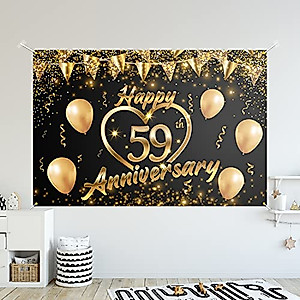 Happy 59th Anniversary Backdrop Banner Decor Black Gold – Glitter Love Heart Happy 59 Years Wedding Anniversary Party Theme Decorations for Women Men Supplies, 3.9 x 5.9 ft