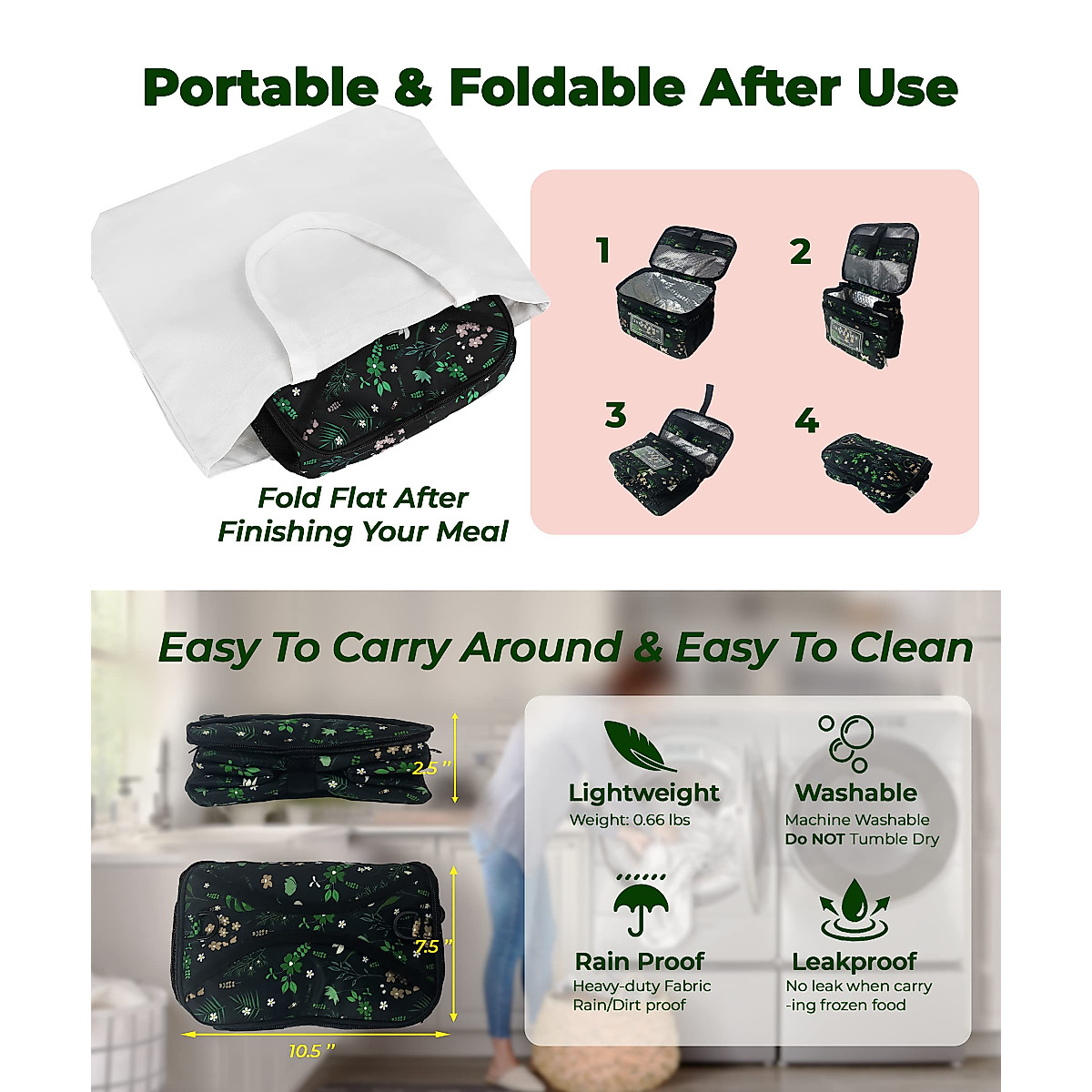 SUNNY BIRD Insulated Lunch Bag with Foldable and Leakproof Design, Thermally Insulated, Shoulder Strap for Women, Men and Teen (Floral & Foliage)