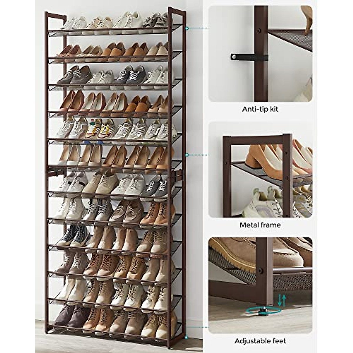 SONGMICS Shoe Rack, 12-Tier Tall Metal Shoe Storage Organizer for Closet, Entryway, Garage, Set of 2 6-Tier Big Stackable Shoes Rack Shelf, Adjustable Feet, Slanted Shelves, Holds 48-60 Pairs, Bronze