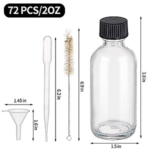 MMonDod (Pack of 72) 2oz Small Clear Glass Bottles(60ml) with Lids Boston Round Travel Bottles for Vanilla Hot Sauce Juice Whiskey Liquid come with 72 Labels,5 Funnels,5 Droppers,1 Brush&Chalk Marker