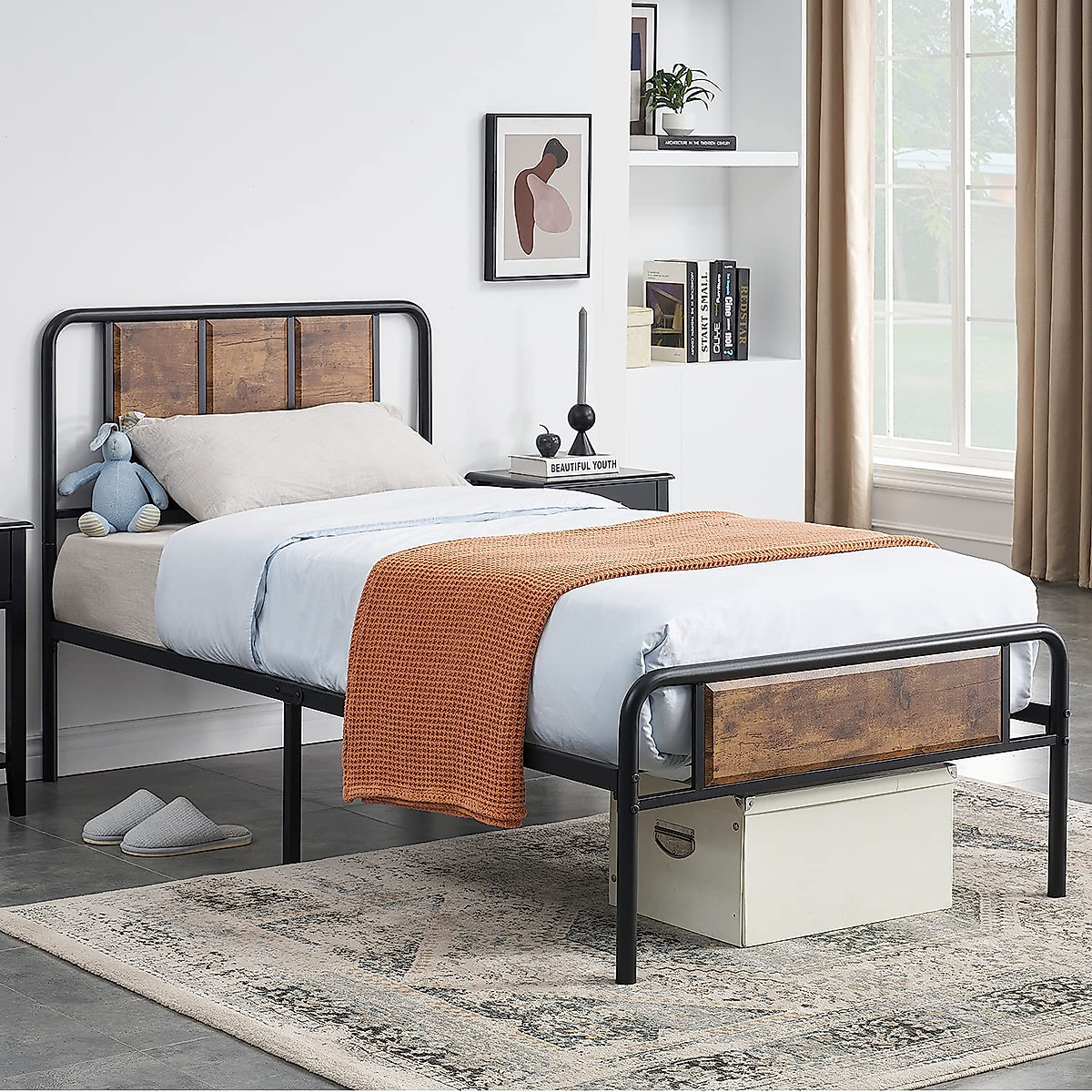 VECELO Twin Size Bed Frames Metal Platform with Wood Headboard, Heavy Duty Steel Slats Support/Easy Assemble,Dark Brown