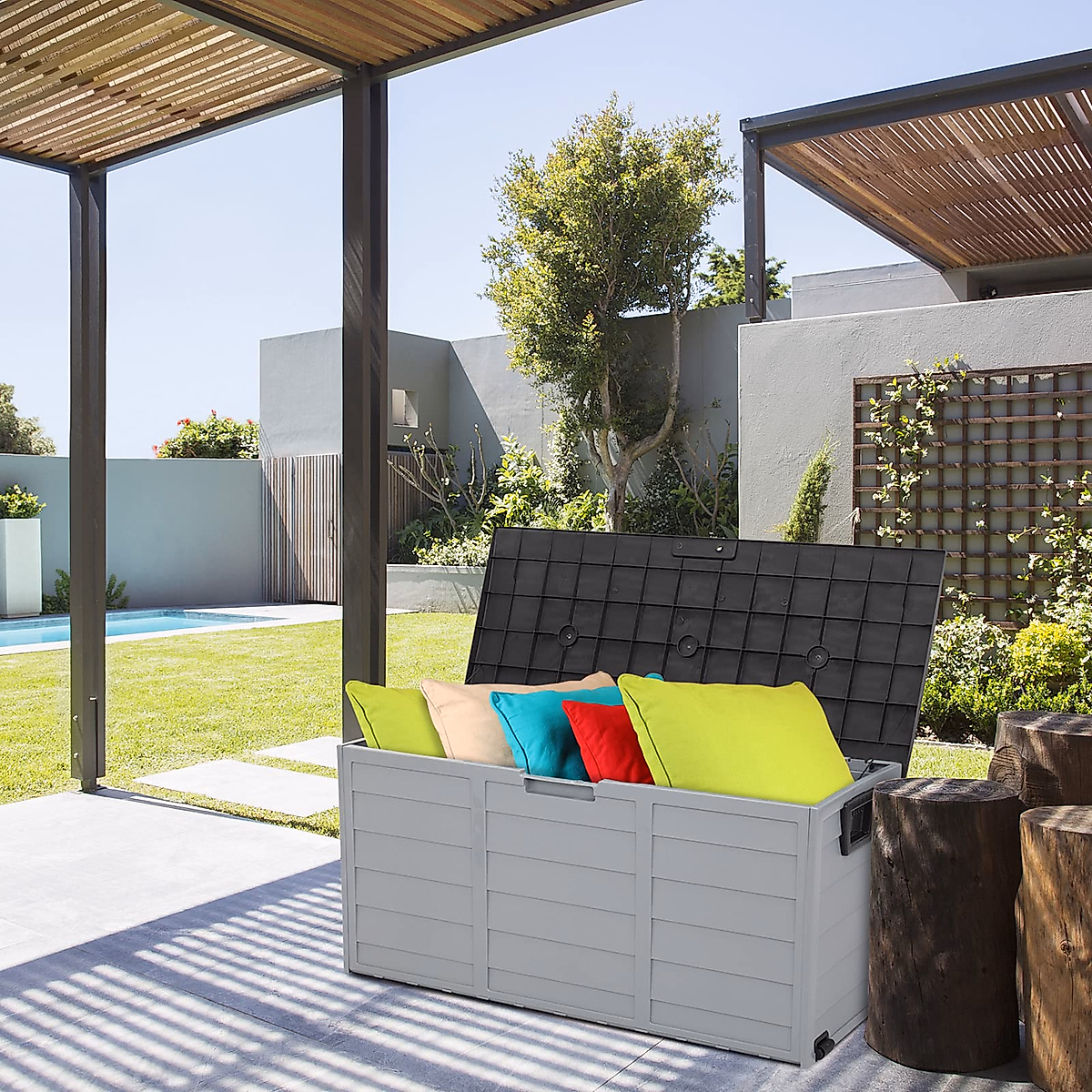 VINGLI Upgraded 75 Gallon Outdoor Storage Box, Lockable Plastic Storage Containers with Lid ...