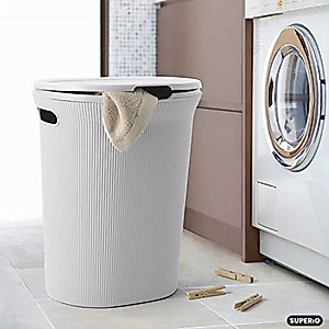Superio Ribbed Collection - Decorative Plastic Laundry Hamper with Lid and Cut-Out Handles, White Smoke (1 Pack) Basket Organzier for Bedroom Bathroom College Dorm Room 40 Liter