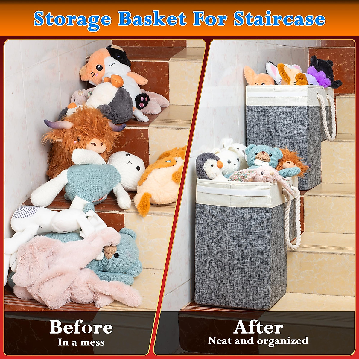 AA deLuxe Stair Basket Foldable Storage Organizer with Toplid for Carpeted Stairs & Wooden Staircases. Versatile Sturdy Bag for Climbing, Laundry, Shoe & Decor