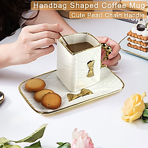 SISETOP Ceramic Handbag Shaped Coffee Mug, 10.5 OZ Creative Cute Mug with Saucer & Spoon, Purse Coffee Mug Set, Novelty Coffee Cup for Women, Girl, Home, Office, Gifts