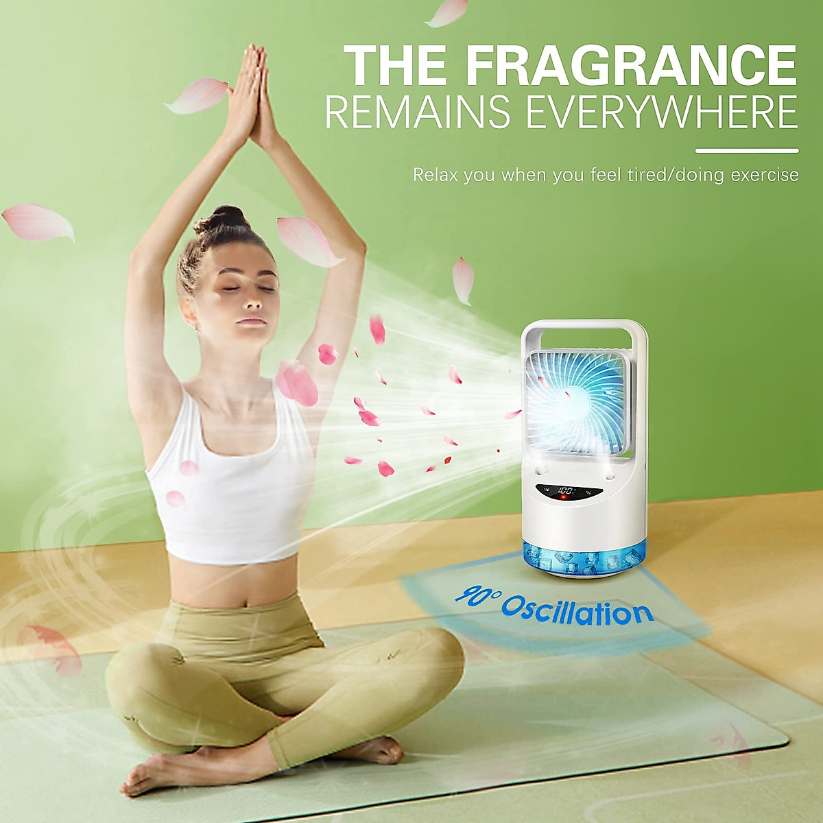 Portable Air Conditioner Fan, Rechargeable Evaporative Air Cooler, Personal Air Cooler Humidifier with 3-Speed, 90° Oscillating, 7 Colors Light, Aroma Discs, Desk Cooling Fan for Home Office Camping