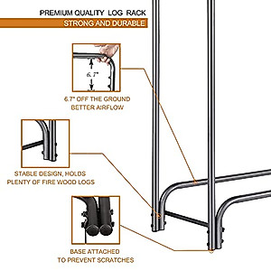 Emalie 8ft Outdoor Indoor Firewood Log Rack with Waterproof Cover and Log Carrier Tote Bag, Heavy-Duty Fire Wood Storage, High Capacity Log Holder Stand for Fireplace Easy Assemble | Black