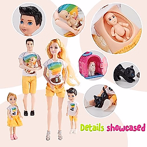 Family Dolls Set of 6 People with Dollhouse Pets Included Pregnant Mom Dad 3 Kids and Baby Boy in Mommy's Tummy, Doll Playsets and Accessories for 3-12 Years Old Toddlers Gift