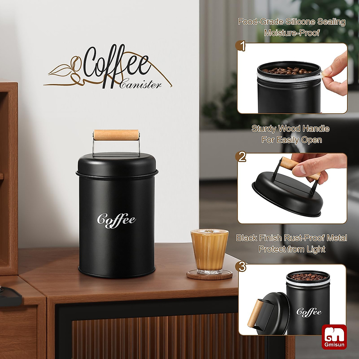 GMISUN Coffee Canister, 33fl oz/1L Black Coffee Grounds Container for Coffee Station, Airtight Coffee Bean Storage as Coffee Bar Organizer, Sealed Coffee Holder for Countertop, Coffee Bar Accessories