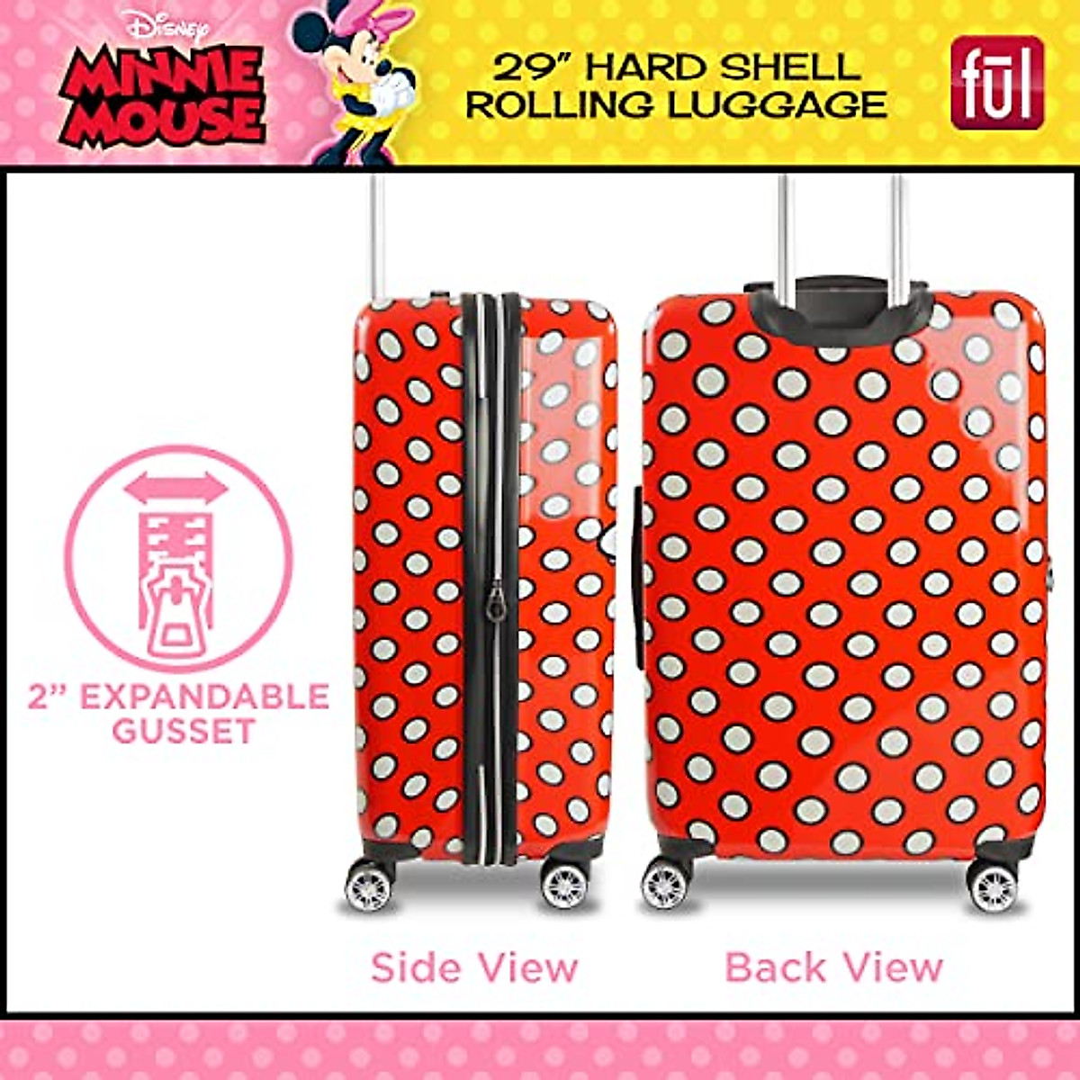 FUL Disney Minnie Mouse 29 Inch Rolling Luggage, Polka Dot Printed Hardshell Suitcase with Wheels, Red