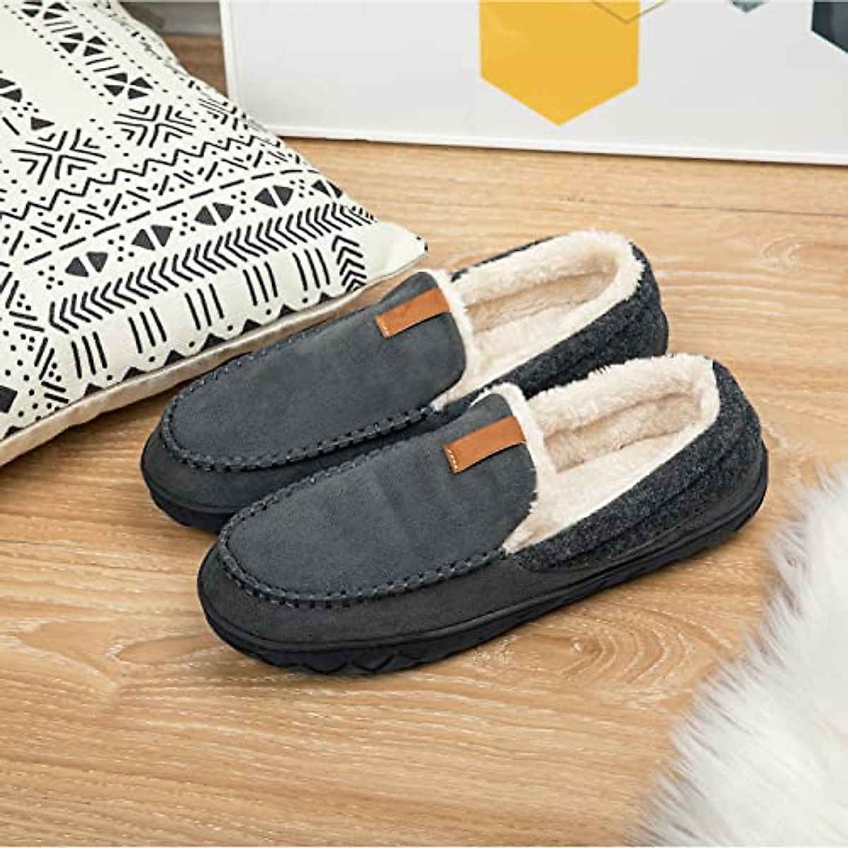 Teezerber Mens Moccasin Slippers Memory Foam Suede House Slippers for Men with Soft Fleece Lining Anti-Skid Sole Indoor Outdoor House Shoes Dark Grey Size 10.5