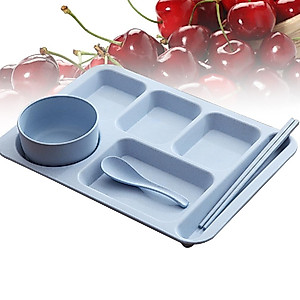 Cabilock Portion Control Plate Compartment Food Tray Set Divided Dinner Plate with Bowl Utensil Wheat Straw Separate Dinner Dish Restaurant Home Serving Food Plate Blue Plates Divided