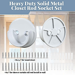 Yaocom 4 Pairs Metal Closet Rod Socket Bracket Set Heavy Duty Shower Curtain Rod Holders Pole Sockets Accept 1-3/8" Diameter Rod Pole with Screw on Attachment for Wardrobes Shelf (Matte White)