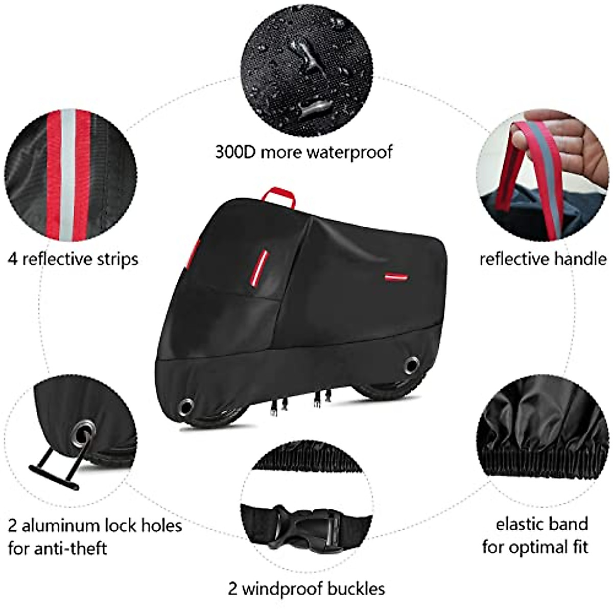 300D Upgraded Heavy Duty Motorcycle Cover, All Season Waterproof Outdoor Protection Scooter Cover with 2 Lock-Holes and 4 Reflective Strips Fits up to 98" Honda Yamaha Harley Suzuki Kawasaki (XXL)