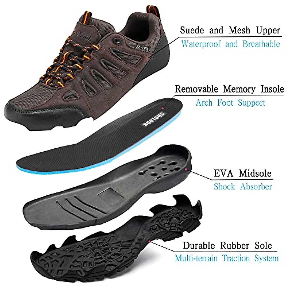 SHULOOK Men's Waterproof Hiking Shoes Lightweight Anti Slip Outdoor Ankle Boots Breathable Hike Trekking Trails Shoe Brown/Orange 10