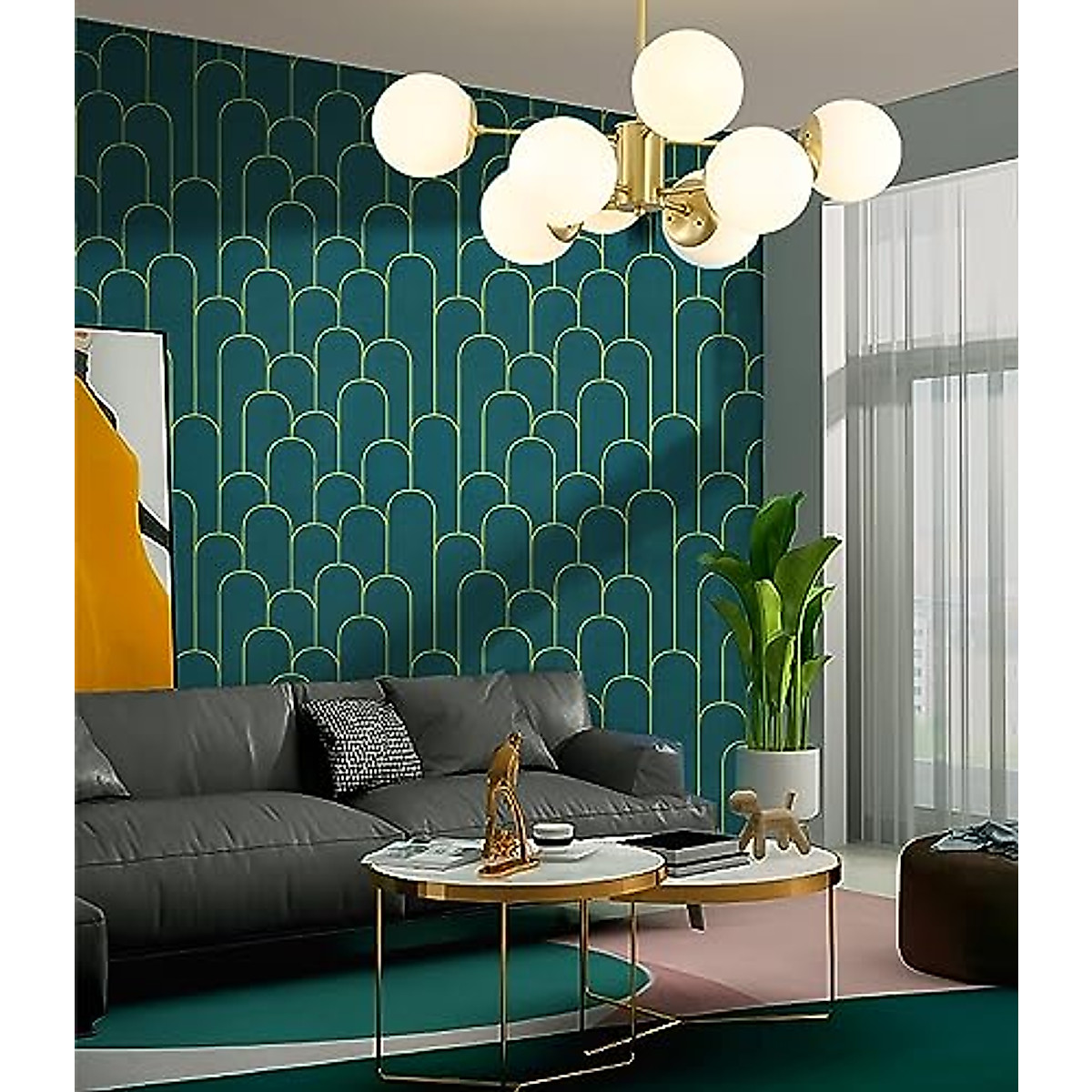 Peel and Stick Wallpaper Green and Gold Geometric Contact Paper Green and Gold Self-Adhesive Wallpaper Removable Modern Stripe Wallpaper for Walls Covering Waterproof Vinyl Rolls 17.3''x118''
