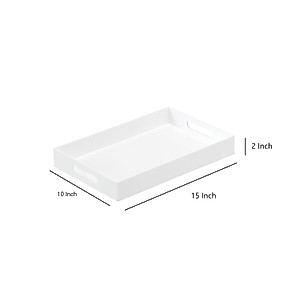 BEYLANG Glossy White Sturdy Acrylic Serving Tray with Handles-10x15Inch-Serving Coffee,Appetizer,Breakfast,Butler-Kitchen Countertop Tray-Makeup Drawer Organizer-Vanity Table,Ottoman Tray-Decorative