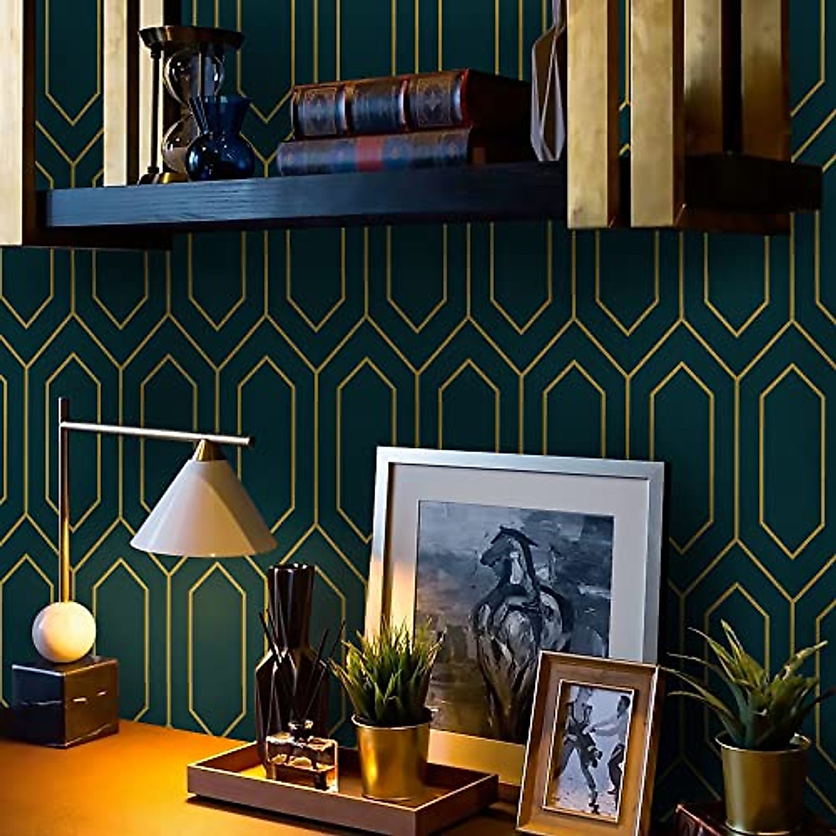 Safiyya Peel and Stick Wallpaper Gold and Dark Teal Green Wallpaper Geometric Contact Paper Textured Wallpaper Self Adhesive Removable Wallpaper for Walls Vinyl Roll 118"x17.3"