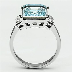 Nationalonlinediscounts Emerald Cut Rectangle Aqua Sea Blue Aquamarine Topaz CZ Stainless Steel Ring Sizes 5,6,7,8,9 & 10 (5)