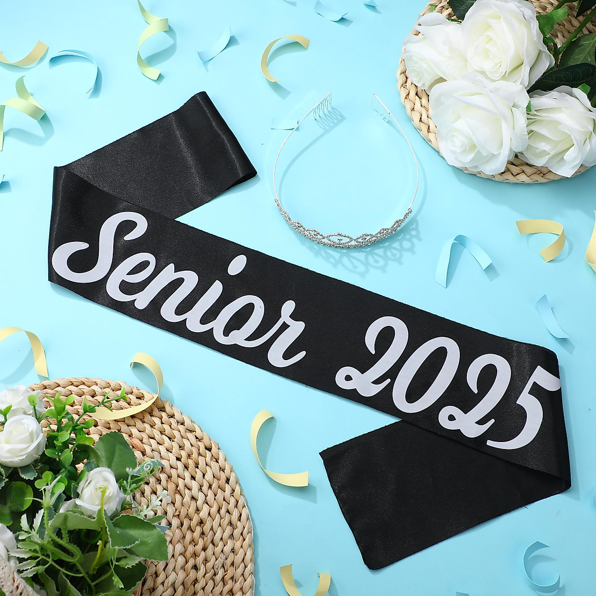 Landical Halloween Senior 2025 Sash and Crown Set Black Senior Sash with White Glitter Letters Silver Crown Tiaras Cheerleader 2025 Graduation Party Supplies for Halloween Gifts Grad Decor