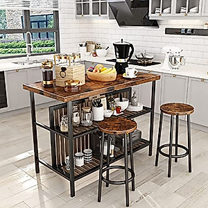 DKLGG 3 Piece Dinging Table Set, Faux Marble Dining Room Table Set with 2 Tier Storage Shelves, Bar Table Set with Bar Stools, Sturdy Kitchen Table with Storage for Restaurant, Living Room