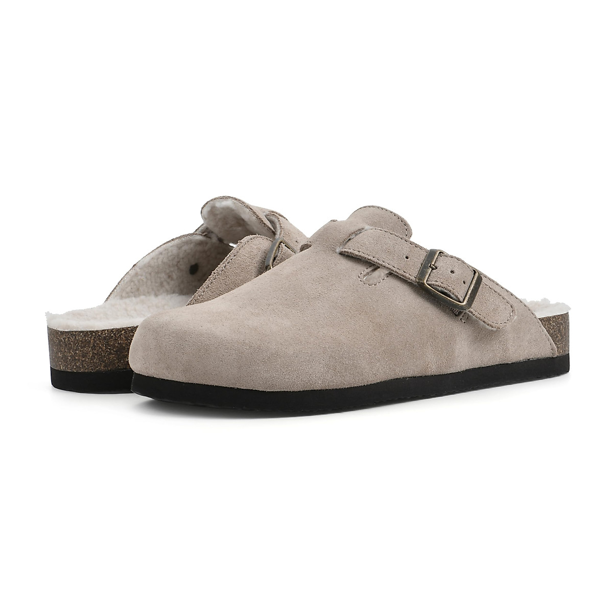 WHITE MOUNTAIN Shoes Bari Leather Footbeds Clog, Taupe/Suede W/Faux Fur, 7 M