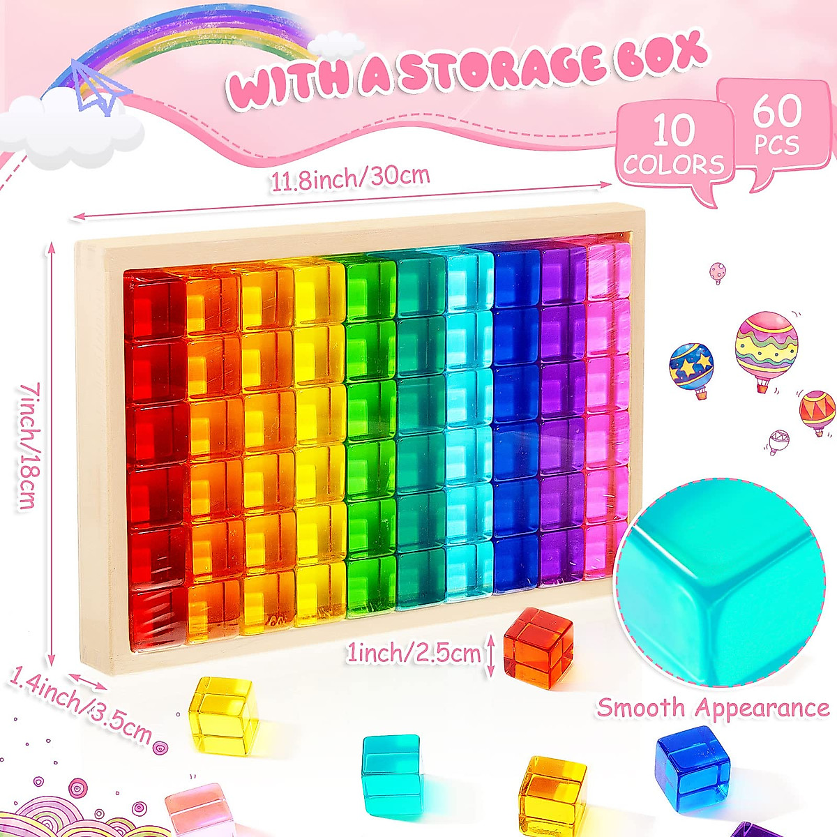 Meooeck 60 Pcs Acrylic Gem Cubes Blocks Translucent Rainbow Building Cubes Crystal Acrylic Cubes Educational Sensory Training Crystal Toys with Wooden Storage Boxes for Play