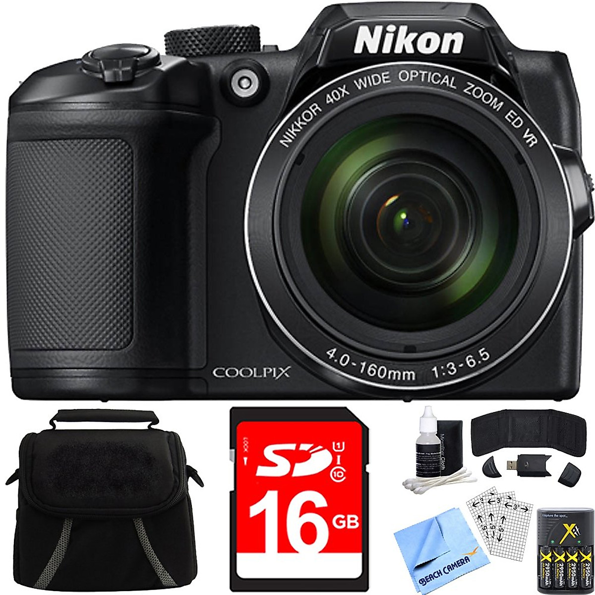Nikon COOLPIX B500 16MP 40x Optical Zoom Digital Camera Black Bundle with 16GB Memory Card, Camera Bag for DSLR and 4X Rechargeable AA Batteries with Charger