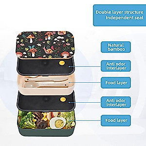 Ykklima Mushroom Snails Butterfly Flower Pattern Bento Lunch Box for Adult Kids, 2 layer Food Containers Leakproof Wooden Lid Utensils for Men Women, Microwave Dishwasher freezer Safe