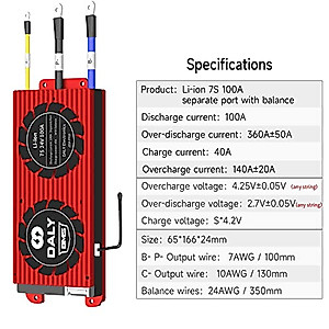 DALY BMS li-ion 7s 24V 100A PCB Protection Board with Separate Port Temperature Sensor for 18650 Lithium Battery Pack Rated 3.7V