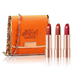 3 Colors Matte Lipstick Set Lip Stick with Orange Chain Bag Package Velvet Lip stick Set Waterproof Non-Stick Cup Long Lasting Retractable Red Lipstick Set 3.5gx3 Pcs